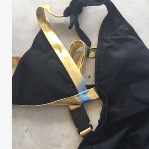yesitsavailable | Swim | Metallic Gold Straps Black Halter One Piece ...